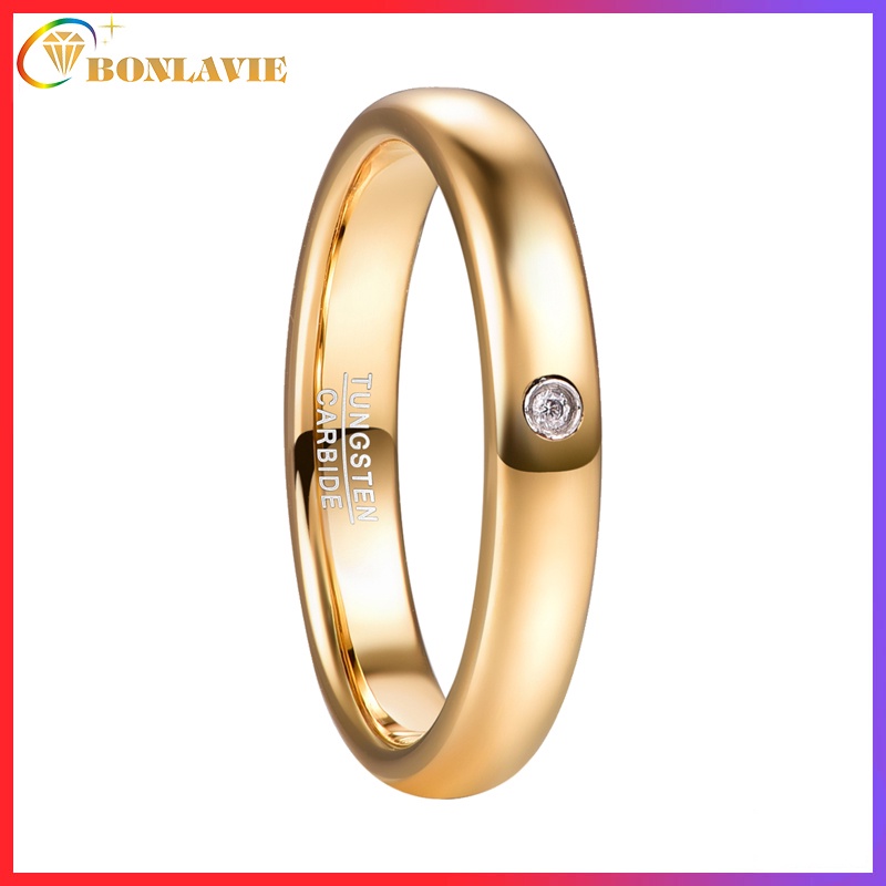 BONLAVIE 4mm Gold Tungsten Ring for Women with Zircon Inlay Domed ...