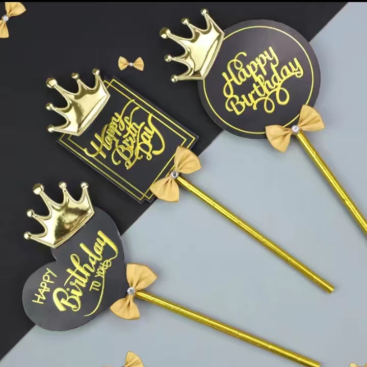 Gold Crown Bowknot Happy Birthday Paper Card Cake Topper Baking Props