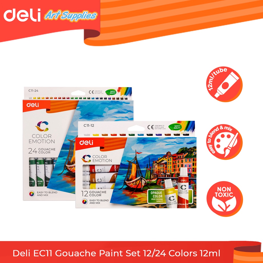 Deli EC11 Gouache Paint Set 12/24 Colors 12ml 1SET [78EC1112] | Shopee ...