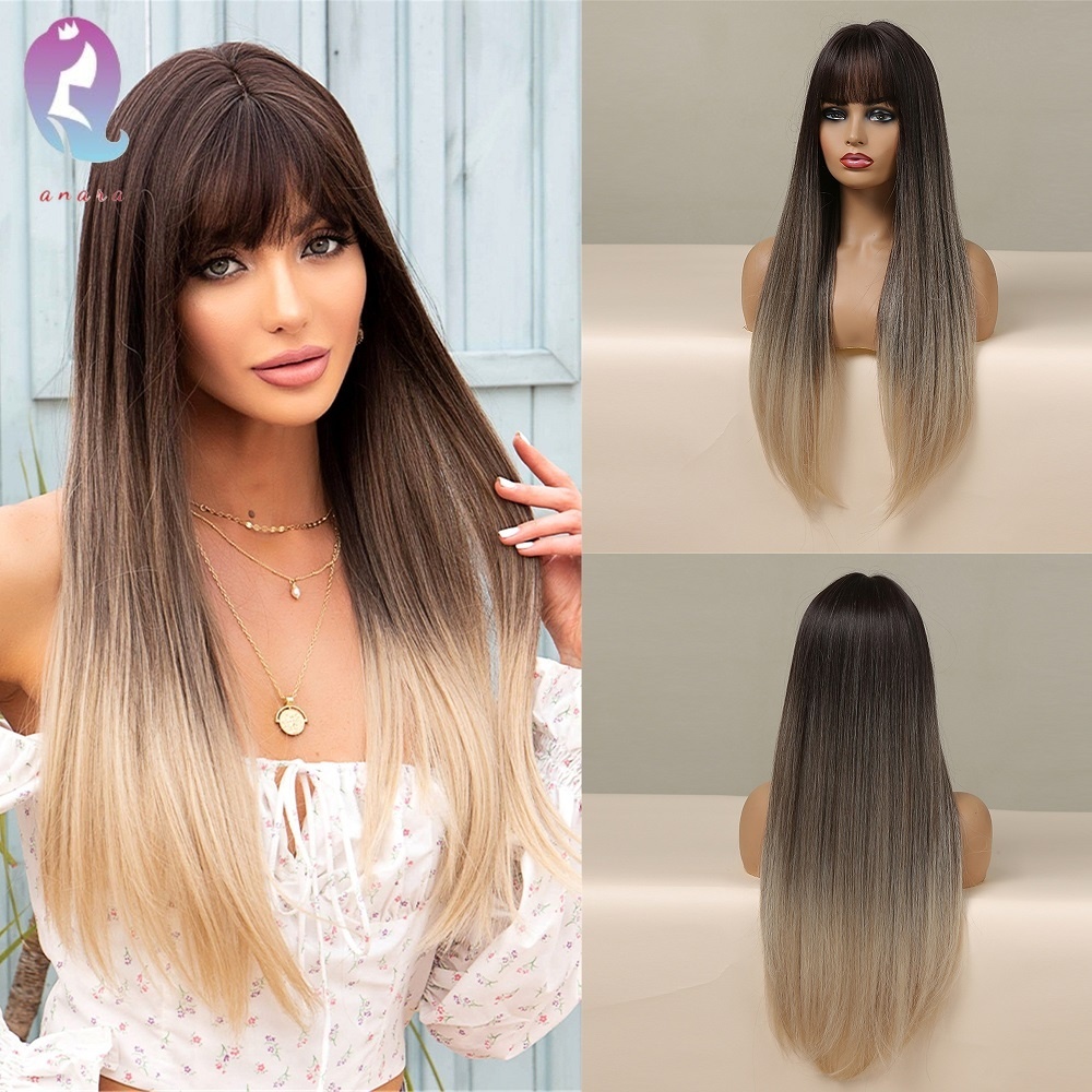 New women's wigs natural lifelike Qi bangs dyed brown long straight ...
