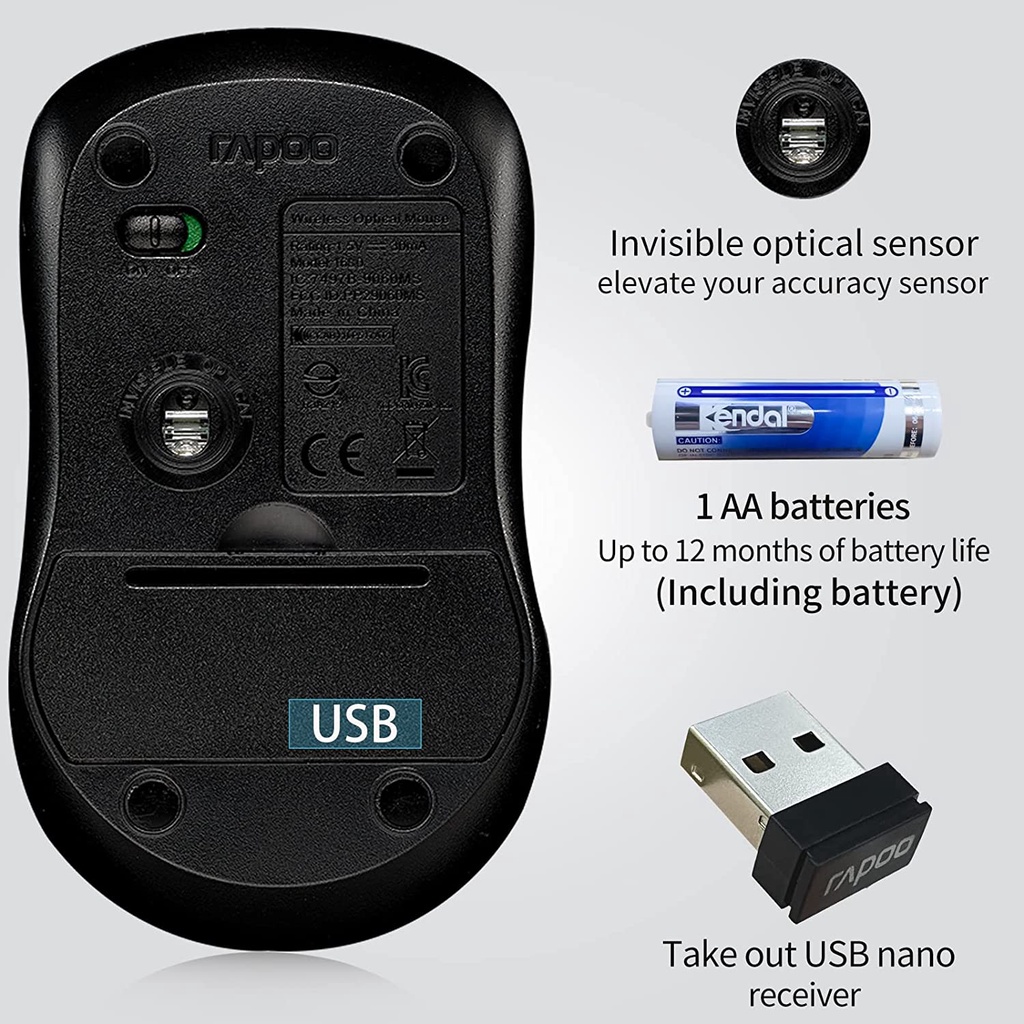 Rapoo 1680 Silent Wireless Mouse for Laptop PC USB 2.4G 1000DPI ...