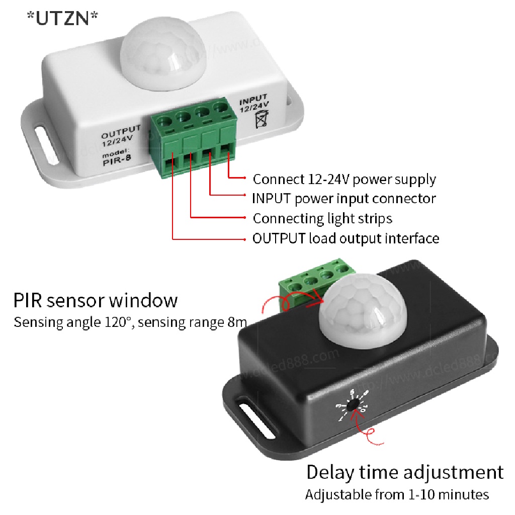 UTZN DC 12V 24V Adjustable PIR Motion Sensor IR Infrared Detector Light ...