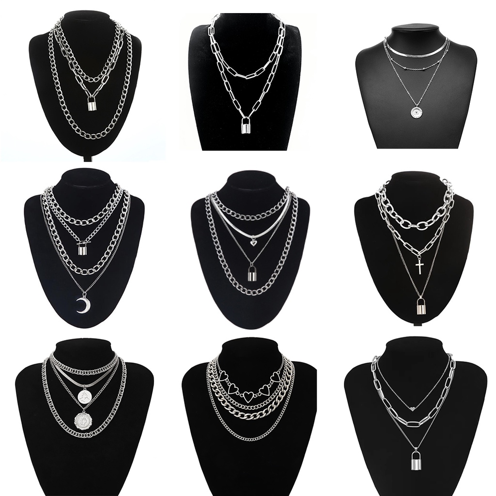 Multi-Layer Long Chain Necklace Punk Lock Moon Pendant for Women Men ...