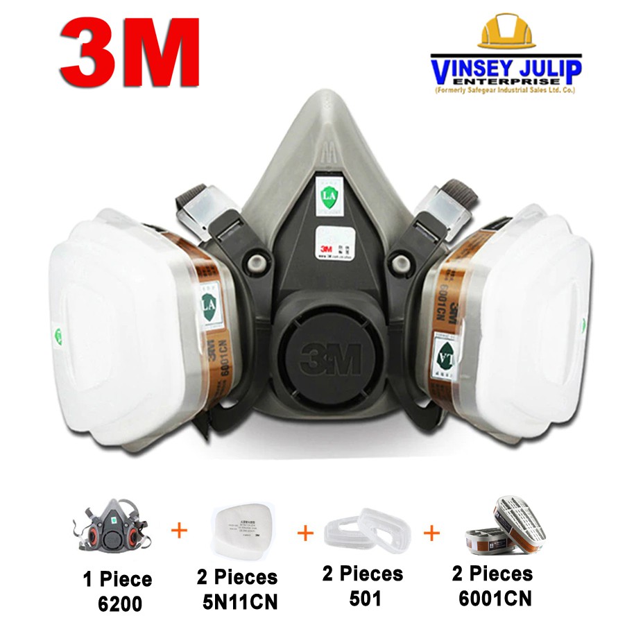 4 in 1 3M 6200 Respirator with 3M 6001CN Organic Cartridge, 3M 501 Retainer and 3M 5N11CN Filter ...