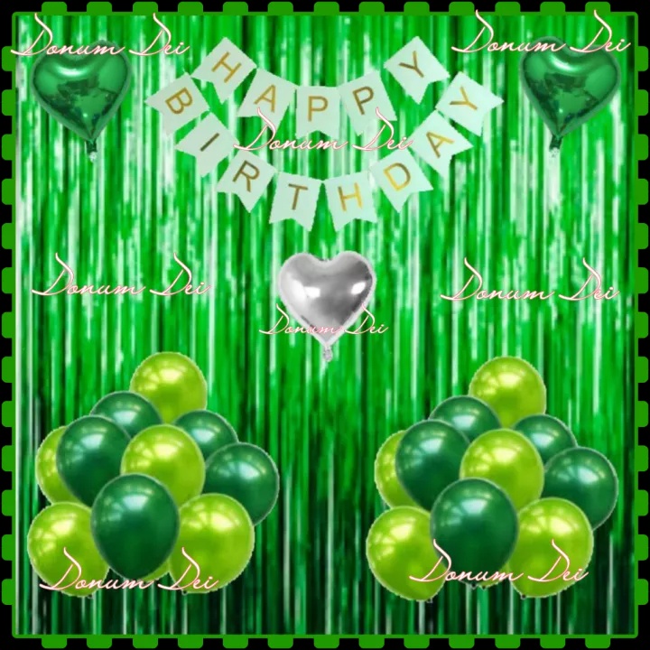 Birthday Set Package Green: HBD Banner+Foil Curtain+3 Heart or 3 Star ...