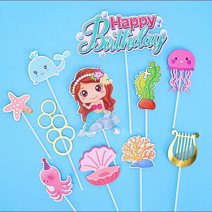 Mermaid theme sea world jellyfish paper card cake topper baking props ...