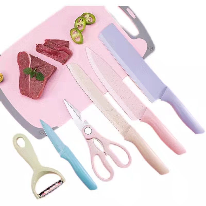 Knife Set 6 PCS Pastel Colors Stainless Steel Chef Knife Bread Knife ...