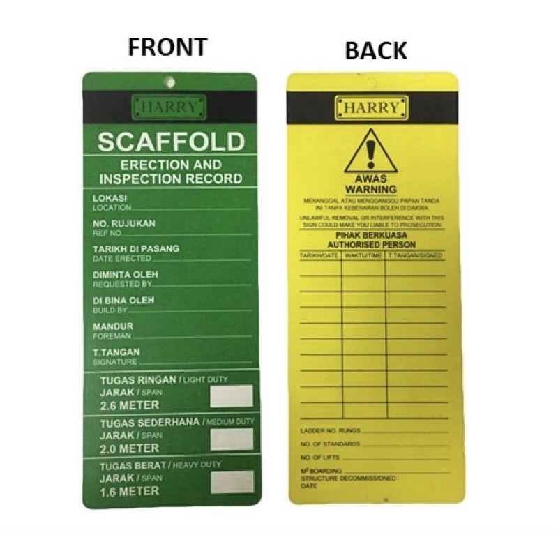 HARRY Safety Scaffolding Scaffold Tag Green Tag / Yellow Tag Lockout ...