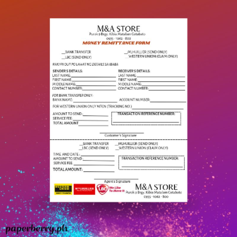 Money Remittance Form/Costumized | Shopee Philippines