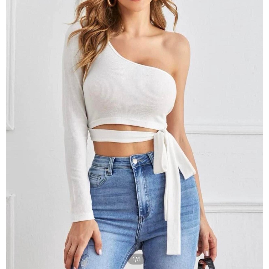 Kay One side Ribbon tie Long sleeves knitted crop top/Ribbon One side ...