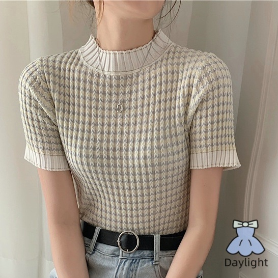 Korean Knit T-Shirt New Korean Version Contrast Color Wave Stripe Short ...