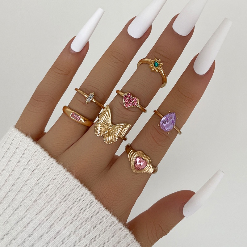 7 Pcs/Set Fashion Crystal Heart Butterfly Rings for Women Jewelry Gifts ...