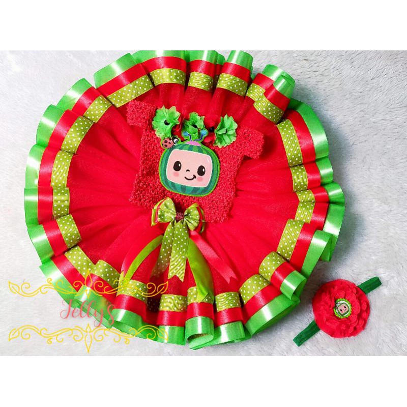 Coco melon inspired Ribbon trimmed tutu dress RED AND APPLEGREEN ...