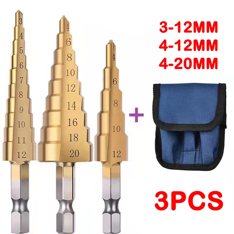 3pcs set HSS High Speed Steel Titanium Hex Shank Step Drill bit FREE Tool Bag | Shopee Philippines