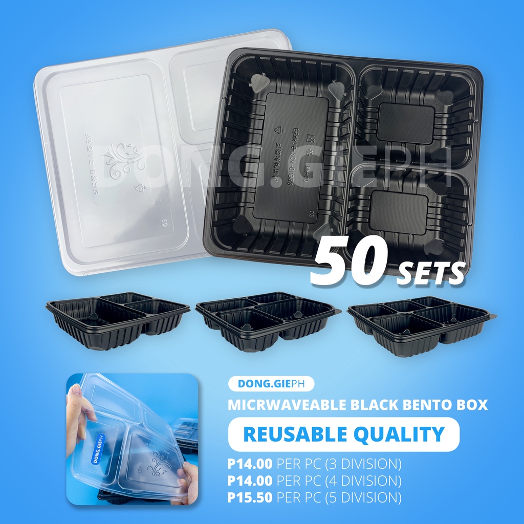 [50 PCS] Microwaveable 3 / 4 / 5 Division Black Bento Boxes with Lids ...