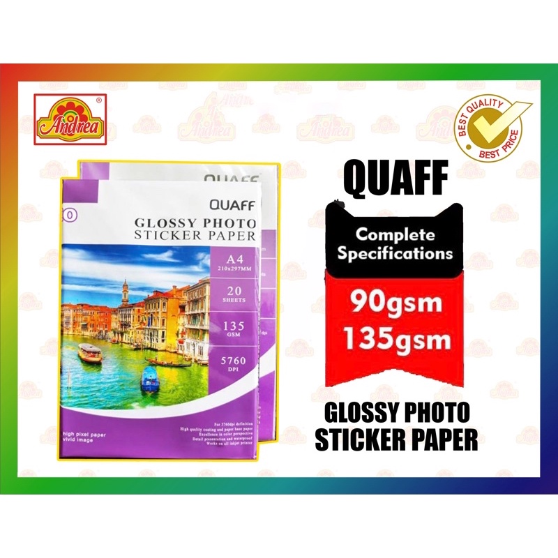 Quaff Glossy Photo Sticker Paper 135/90 gsm A4 Size 20 sheets | Andrea ...