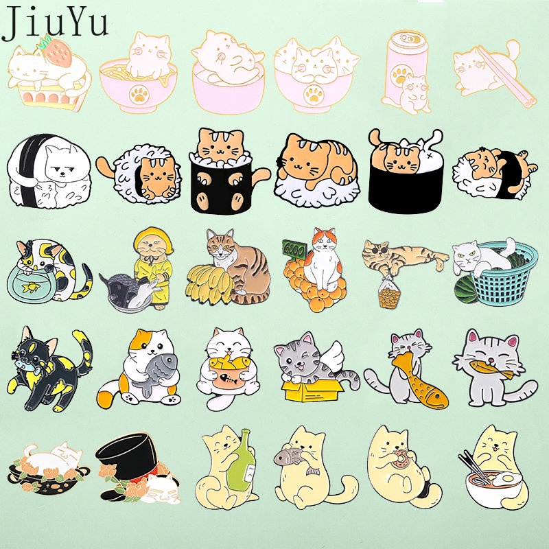 Cartoon Cute Cat Brooch Pin Cute Cat Eat Fish Sushi Noodles Cat Animal ...