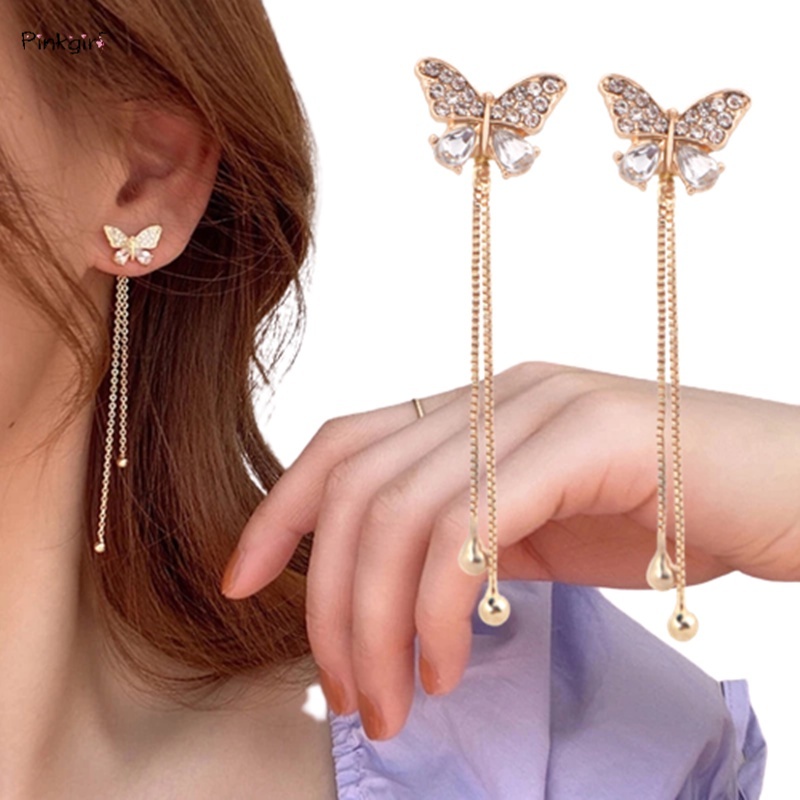 1Pair Creative Butterfly Rhinestone Ear Wire Long Tassels Earrings Fashion Exquisite Elegant Ear ...