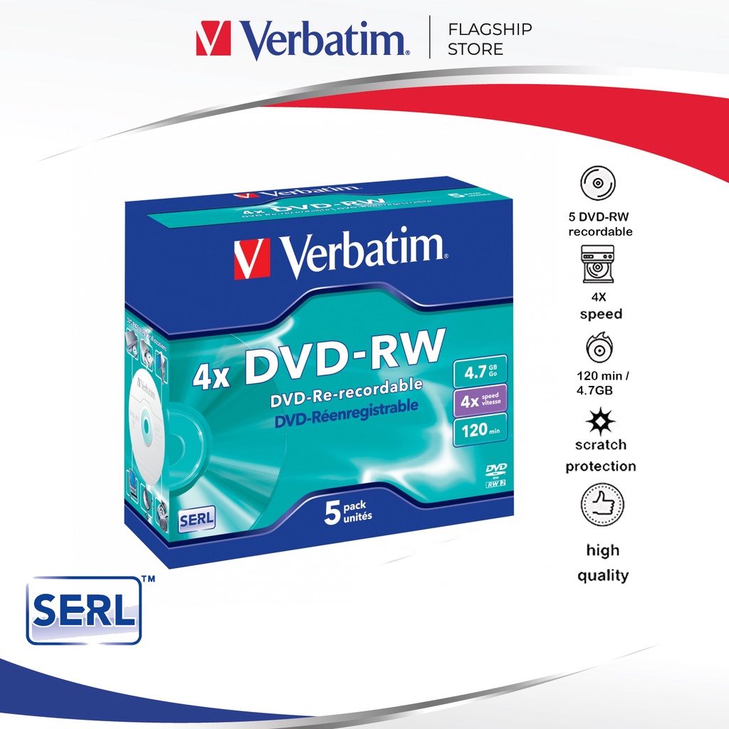 Verbatim DVD-43285 DVD-RW/4x/4.7GB/120min 5pcs in Individual Jewel Slim Case | Shopee Philippines