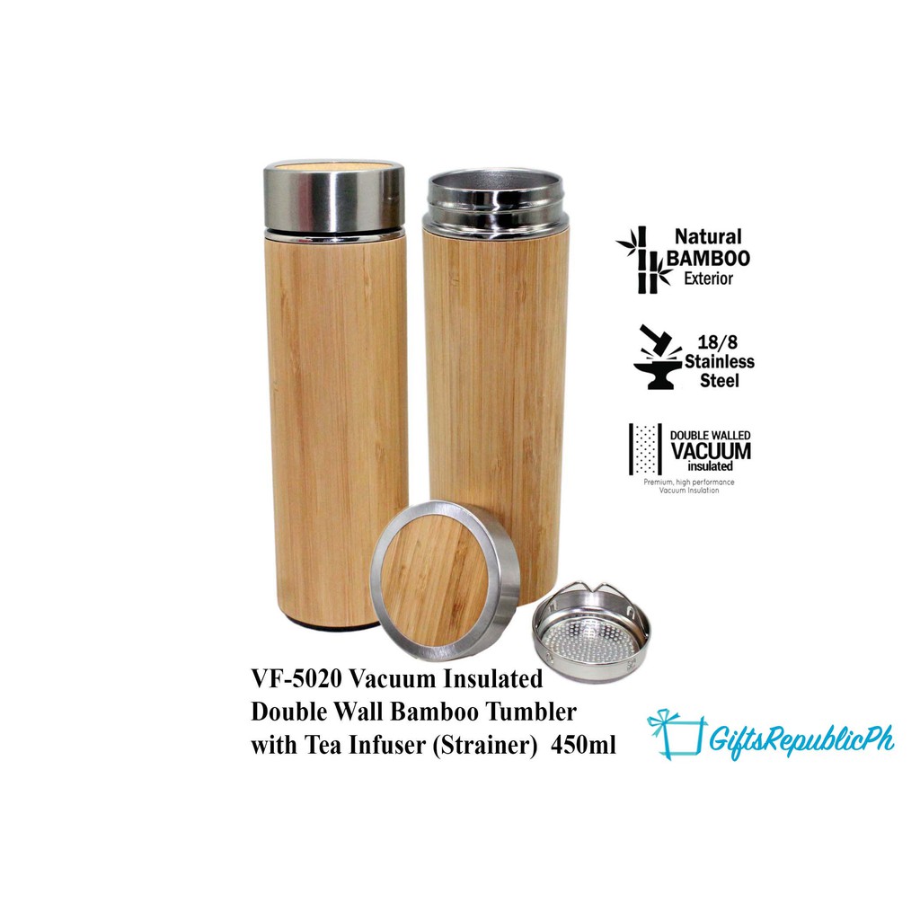 Bamboo Tumbler Vacuum Insulated with Removable Tea Strainer, Stainless ...