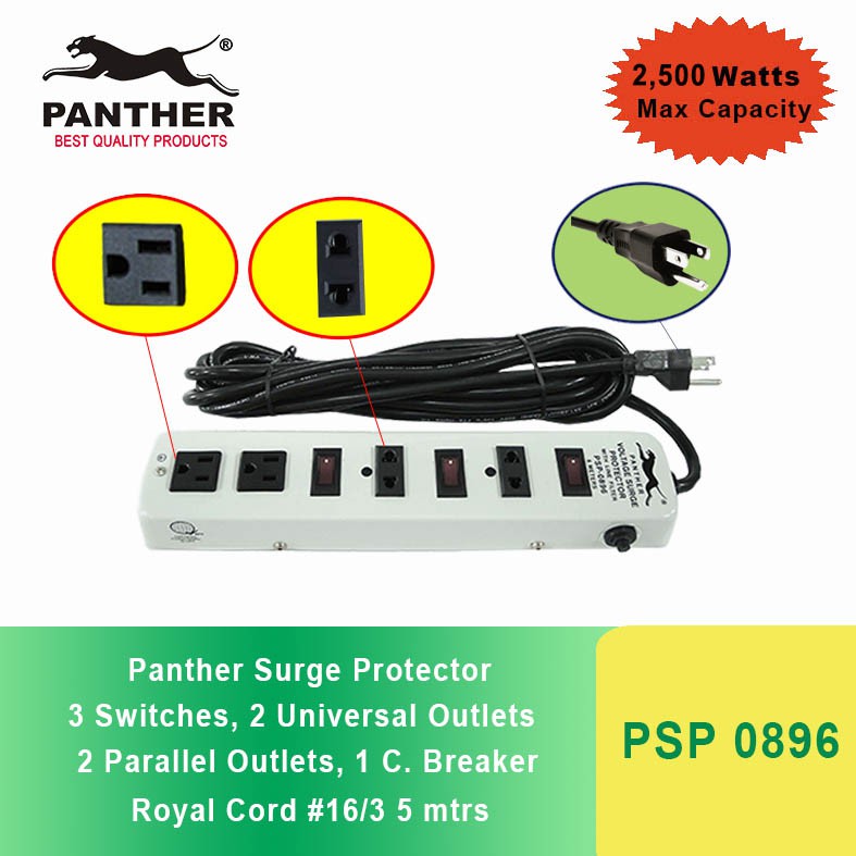 Panther PSP 0896 Extension Cord w/ Voltage Surge Protector 3 Sw. 4 ...