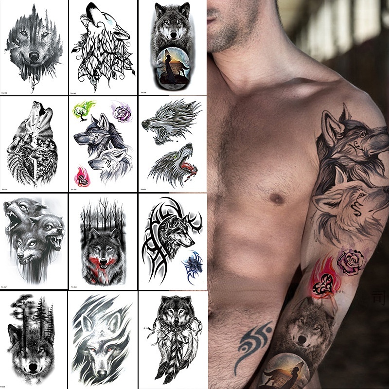 Animal Tattoo Stickers Wolf Head Ferocious Waterproof And Sweatproof ...