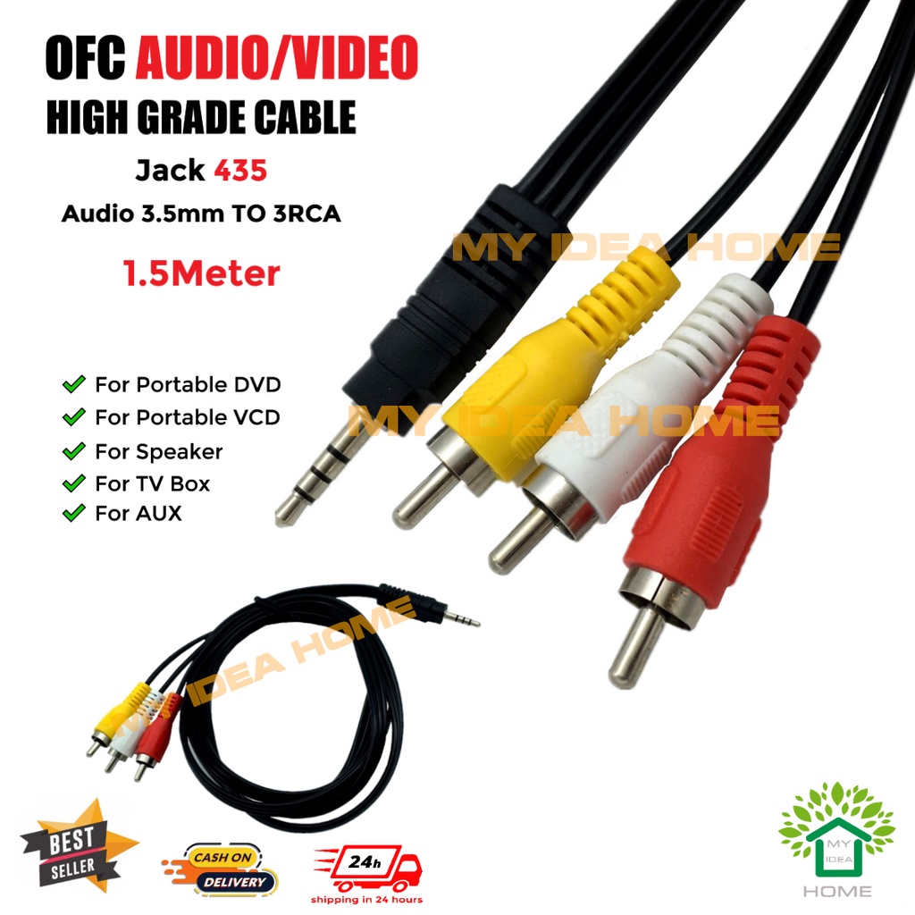 ABS CBN TV PLUS Jack 435 1.5m Audio 3.5mm to 3RCA AV AUX Stereo Cord to ...