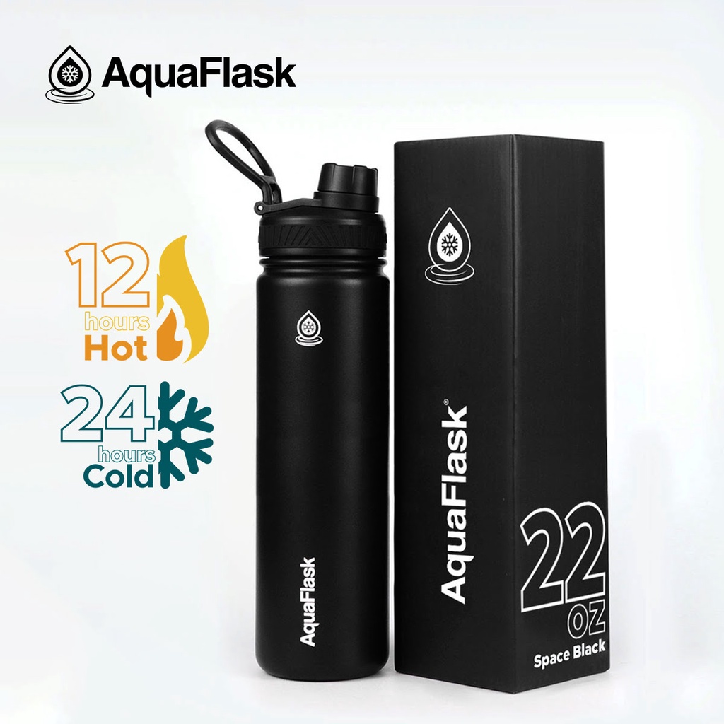 Aquaflask 22oz Space Black Wide Mouth with Spout Lid Vacuum Insulated Drinking Water Aqua Flask ...