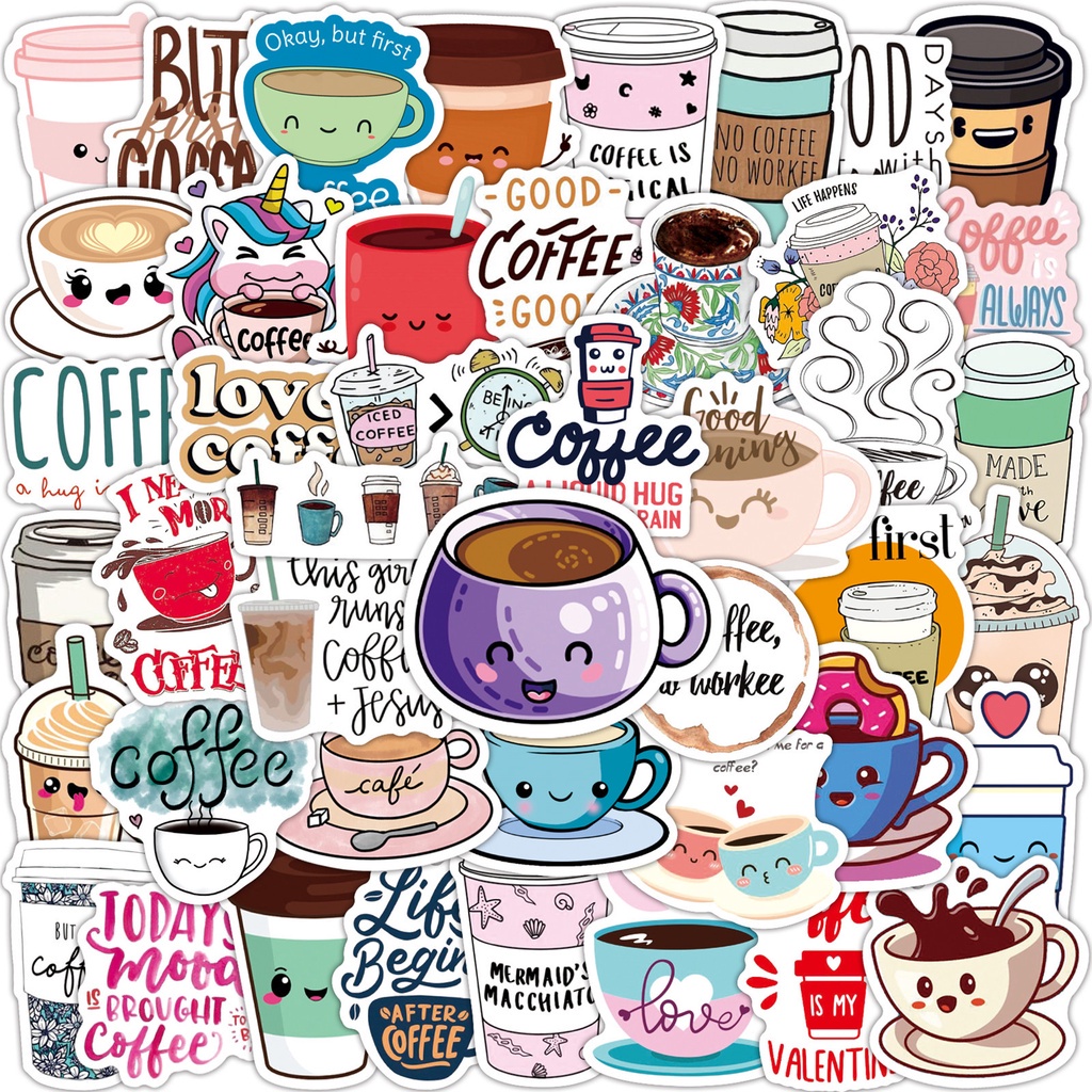 50PCS Cute Cartoon Coffee Stickers Pack fortationery Luggage Laptop ...
