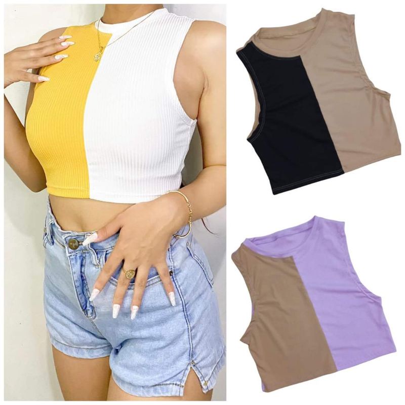 HAPPY TWO TONE CROP TOP FIT UP TO MEDIUM | Shopee Philippines