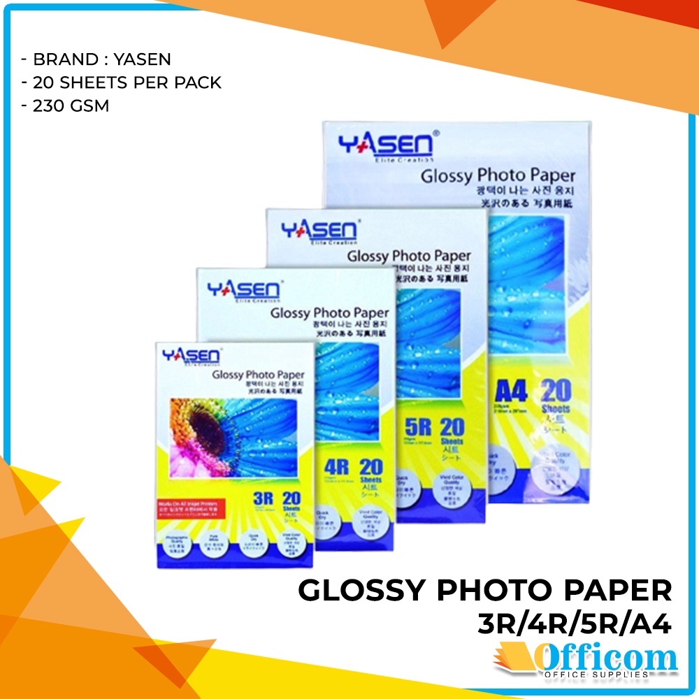 Yasen High Glossy Photopaper (3R,4R,5R,A4) 230 GSM 20sheets per pack photo paper | Shopee ...