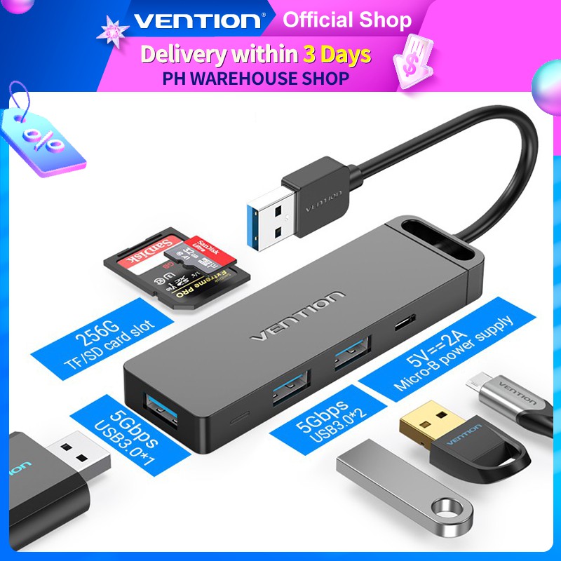 Vention Usb 3.0 2.0 Hub 6 In 1 Otg To Sd Tf Card Reader For Laptop Pc ...