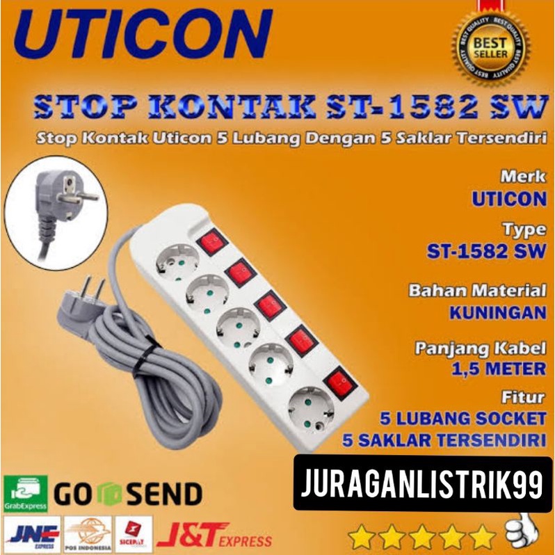 Uticon 5 Hole CP Grounded Socket + ST-1582 Switch 1.5 Meter Cable ...