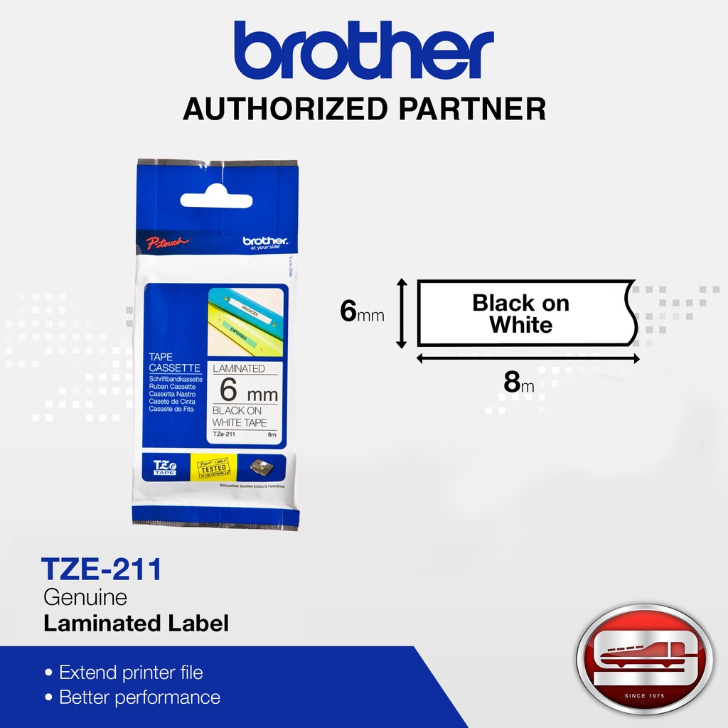 Brother TZe-211 Black on White 6mm Labelling Tape (Original Tape ...