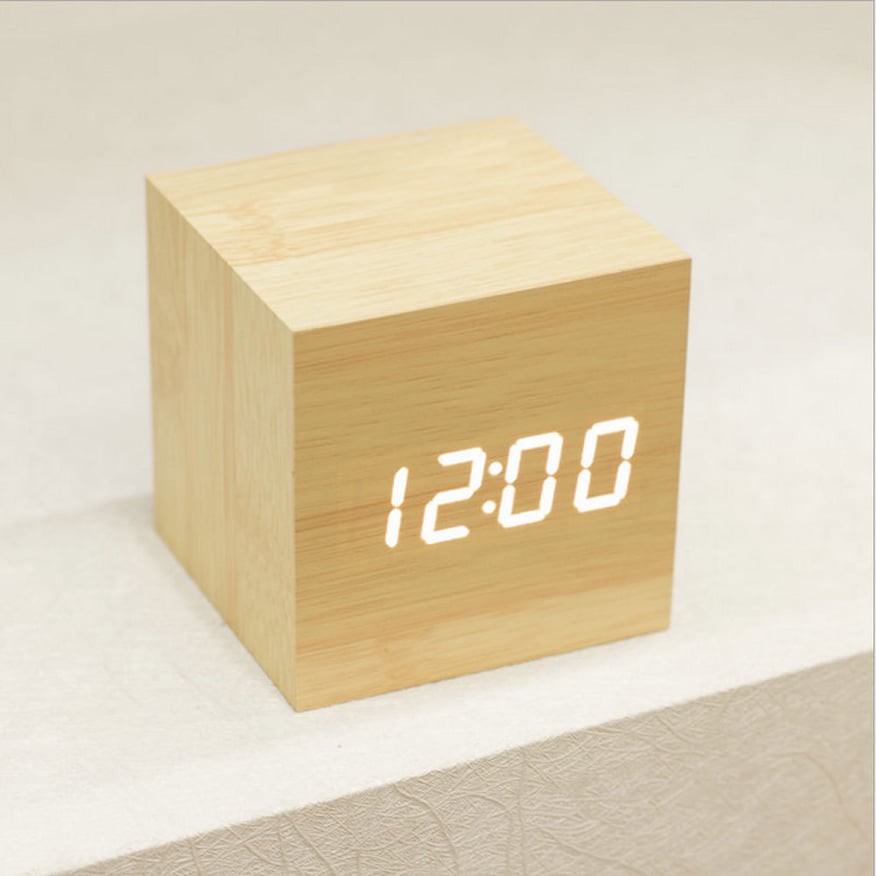 Vintage Mini Wooden Cube LED Digital Alarm Clock Wood Clock Control ...