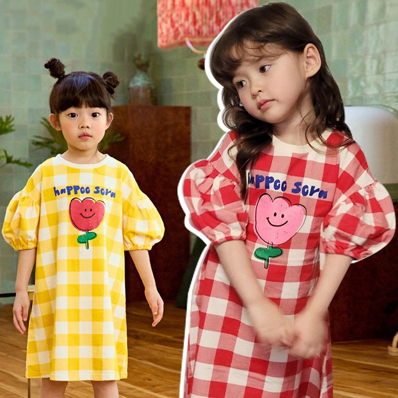 BOBORA Summer Girls Dress Korean Version Loose Love Flower Plaid ...