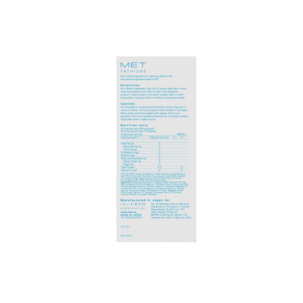 MET TATHIONE Reduced Glutathione with Algatrium Food Supplement 500mg ...