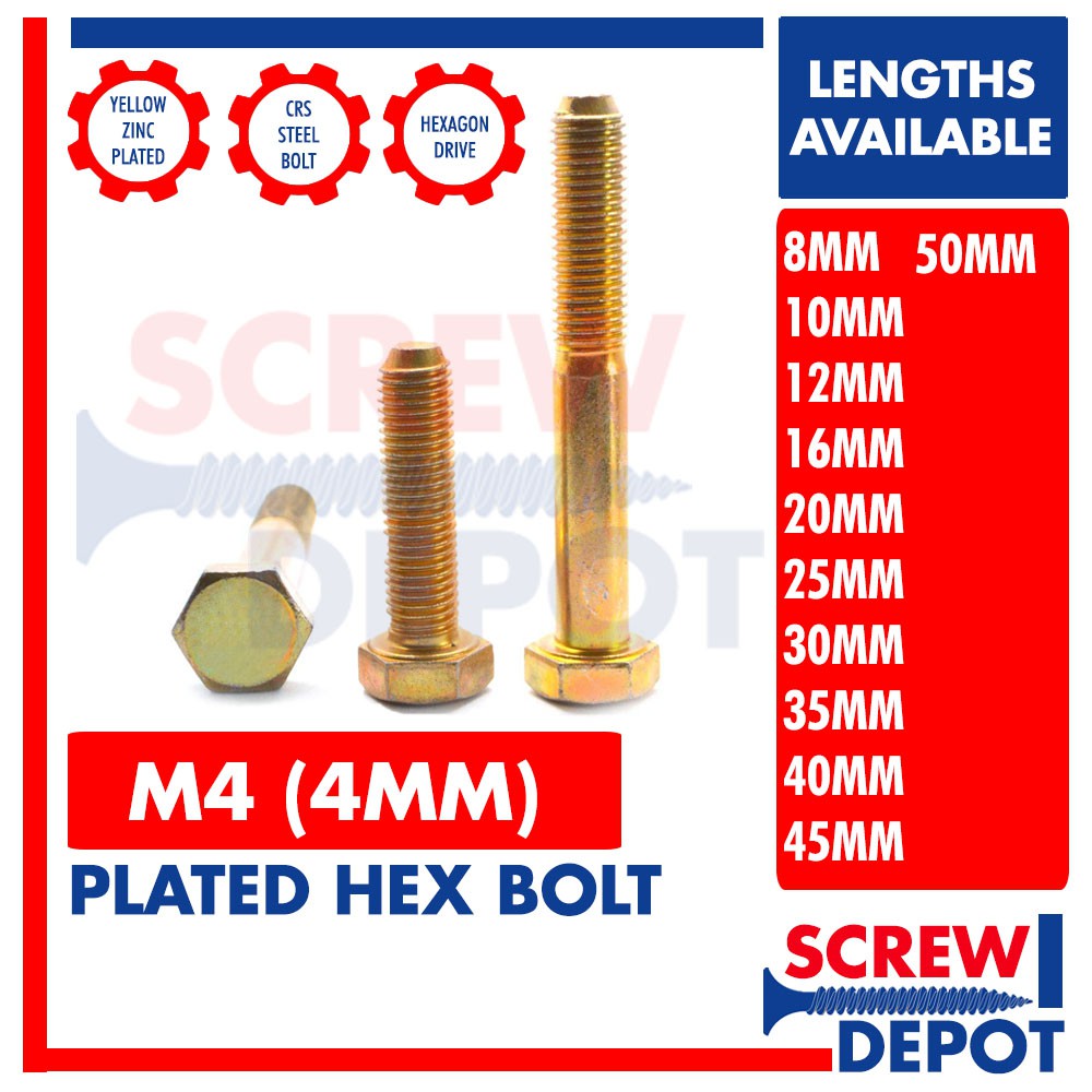 100PCS 4MM Plated Hex Bolt or Ordinary Tetanized Hexagonal Bolt BH ...