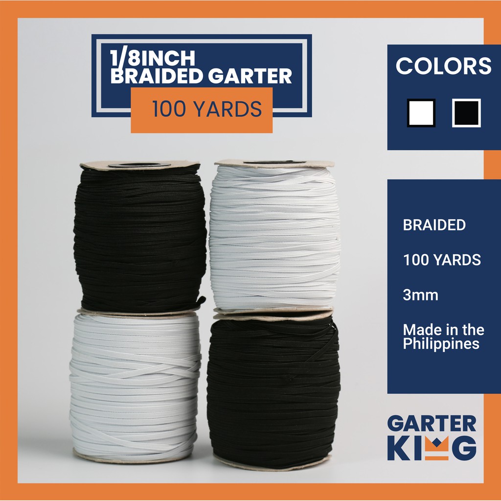 1/8 INCH BRAIDED GARTER (100 YARDS) WHITE / BLACK COLORED for facemasks ...