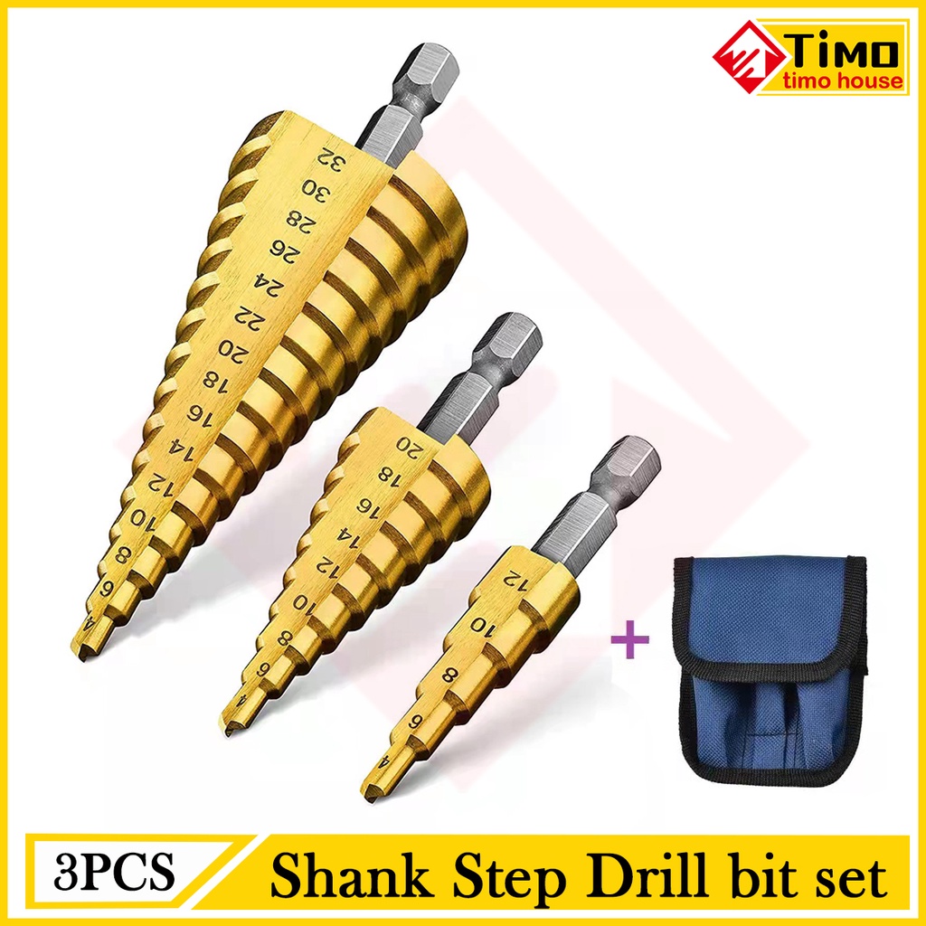 (3pcs/1pcs) HSS High Speed Steel Titanium Hex Shank Step Drill Bit Set 3-12mm 4-12mm 4-20mm 4 ...