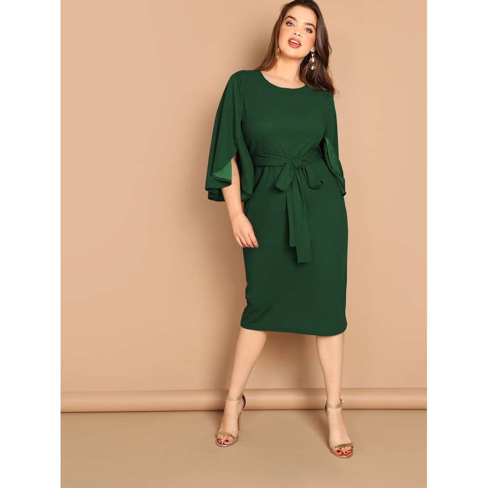 Y157 Uyua Belted Big Sleeve Plain Plus Size Dress | Shopee Philippines