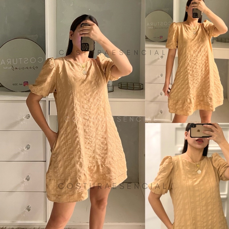 Costura Puff sleeve dress with one side pocket and layered ruffle ...