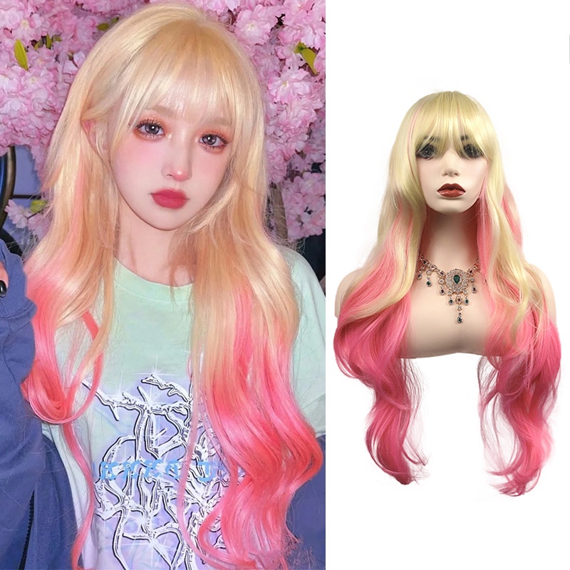 Wig Female Big Wave Golden Gradient Pink Live Streaming Sweet Long ...