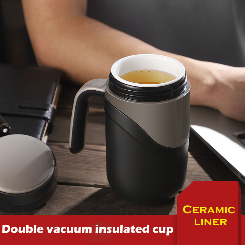 Ceramic liner thermos cup with cover and handle office coffee cup water ...