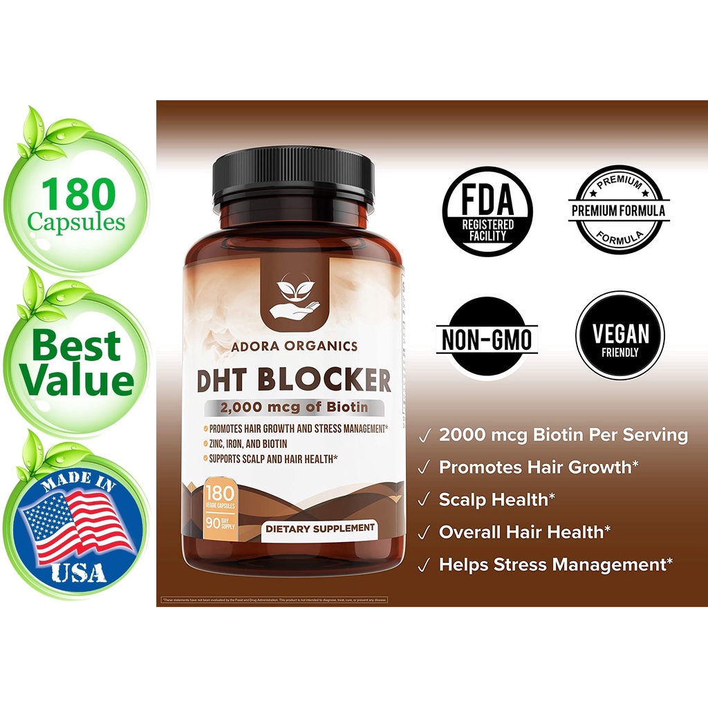 DHT Blocker 180 Caps Organic Hair Growth 2000mcg Biotin + 12 Super ...