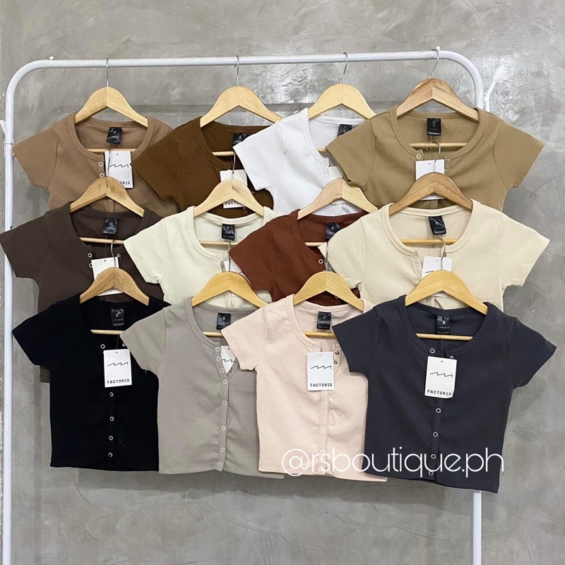Factorie snap button down ribbed plain semi crop top | Shopee Philippines