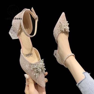 One Strap Ankle closed shoes with heels European diamond bowknot qiu dong female 2022 new ...