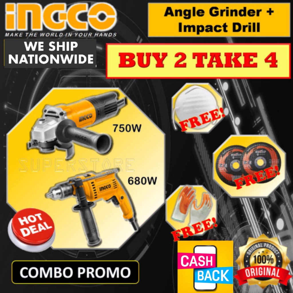 INGCO Angle Grinder 750W and Impact Drill 680W (COMBO PROMO) | Shopee ...