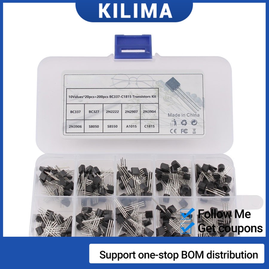 Transistor Set Kit 10 Values 200 Pcs TO-92 BC337 BC327 2N2222 2N2907 2N3904 2N3906 S8050 S8550 ...