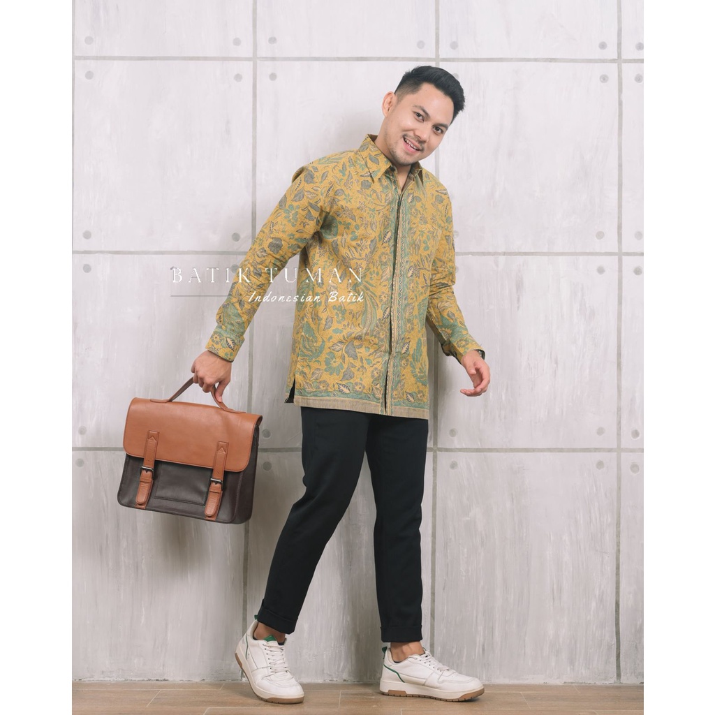 KATUN KEMEJA Kusumandaru MUSTARD GREEN Men's Batik Shirt Yellow Pastel Color Quality Cotton ...